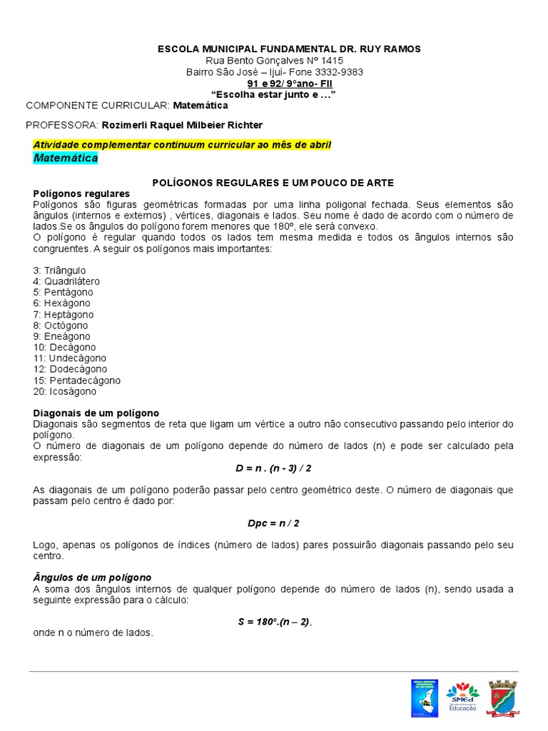 Atividade Complementar Abril - 9ano - MAT | PDF | Polígono | Matemática elementar