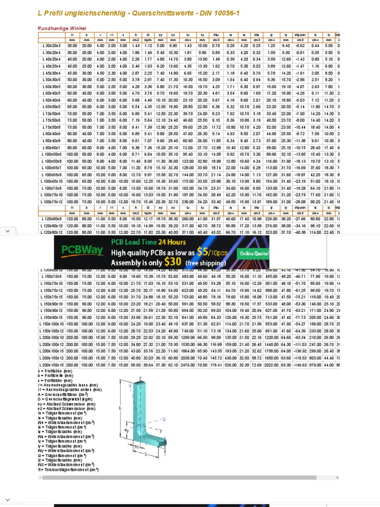 L Profil Ungleichschenklig - Querschnittswerte - DIN 10056-1 | PDF