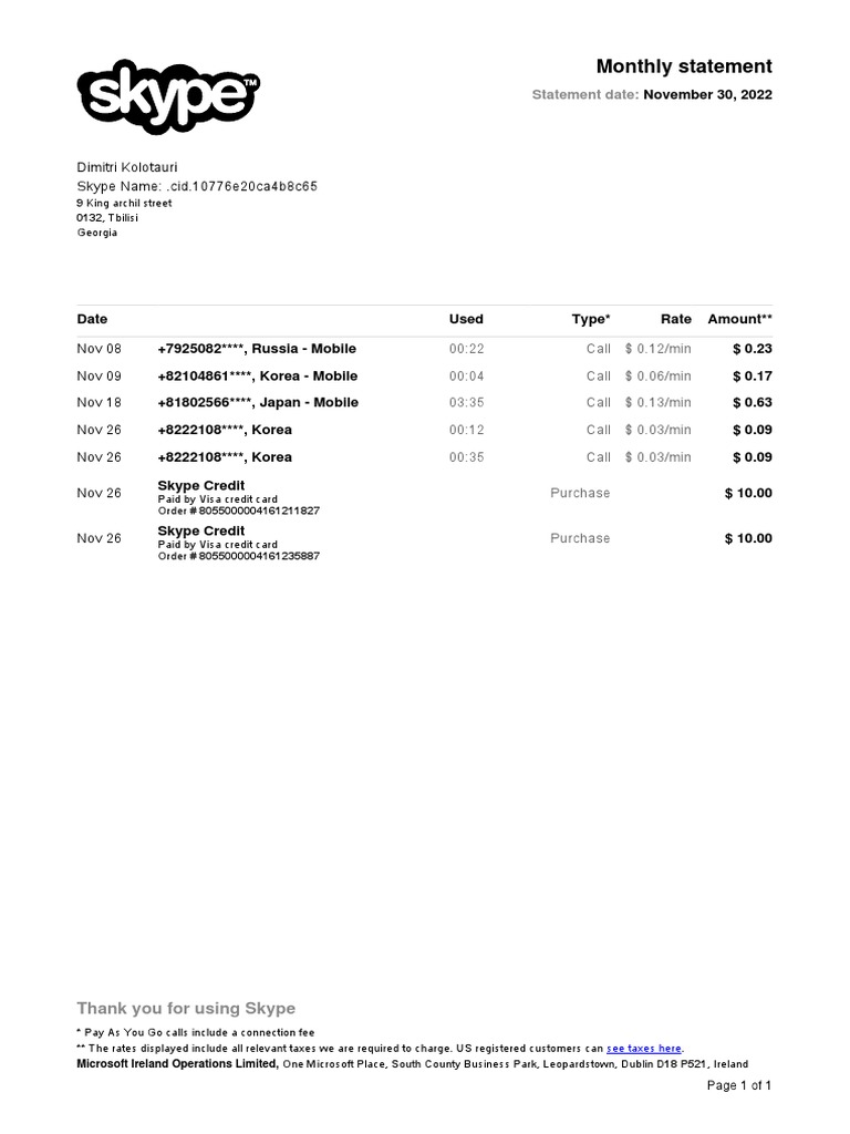 Skype Monthly Statement 2022-11 | PDF