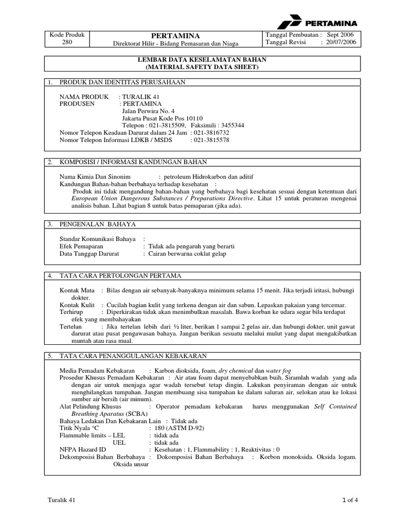 Pelumas Pertamina MSDS-Turalik 41 MSDS | PDF | Teknologi & Rekayasa
