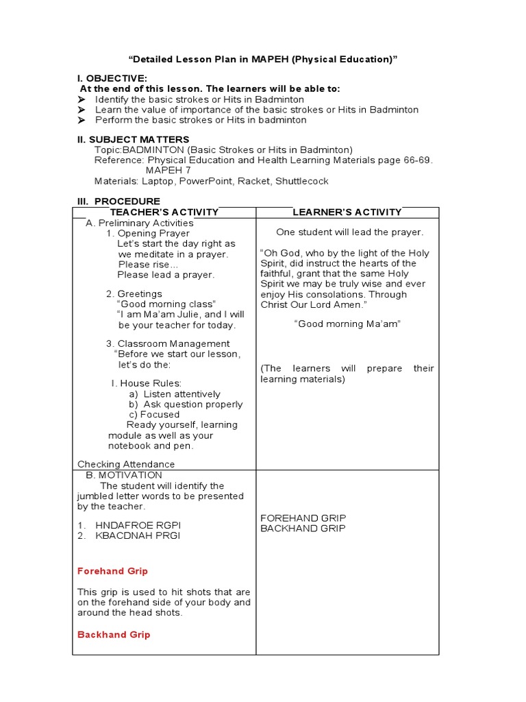 Basic Badminton Strokes Lesson Plan | PDF | Career & Growth