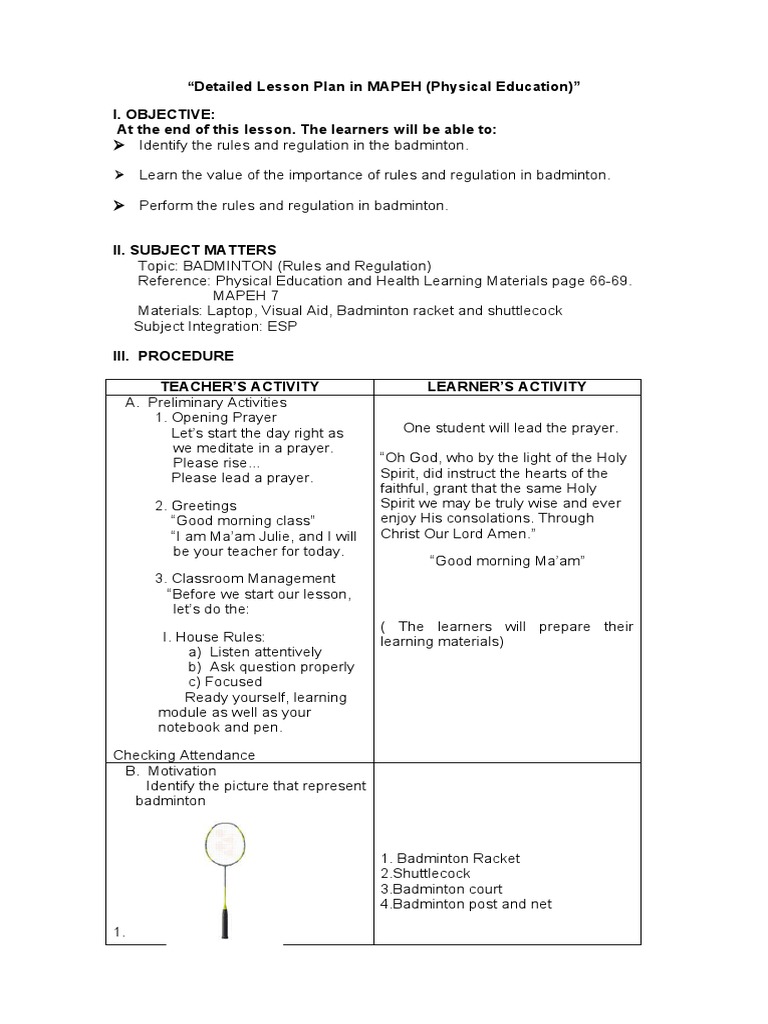 Badminton Rules and Lesson Plan | PDF | Behavior Modification
