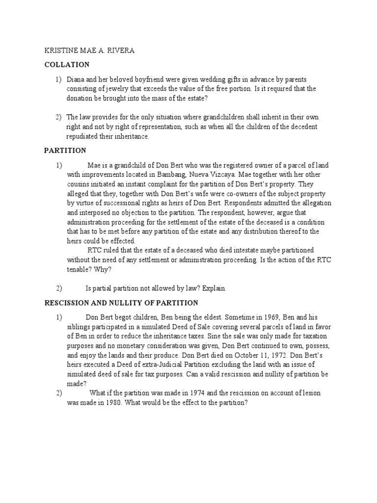 Succession - Questions - Collation, Partition - Rescission of Partition ...