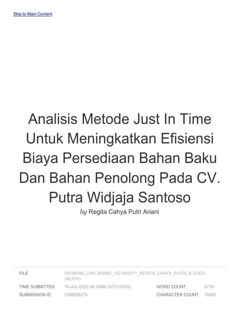 Analisis Metode Just in Time Untuk Meningkatkan Efisiensi Biaya Persediaan Bahan Baku Dan Bahan ...