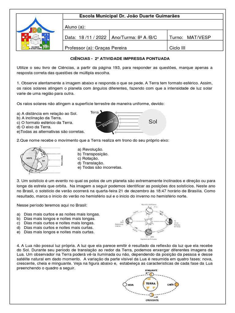ATIVIDADE Ciências 8º ABC III Unidade NOVEMBRO | PDF | Eclipse | Terra