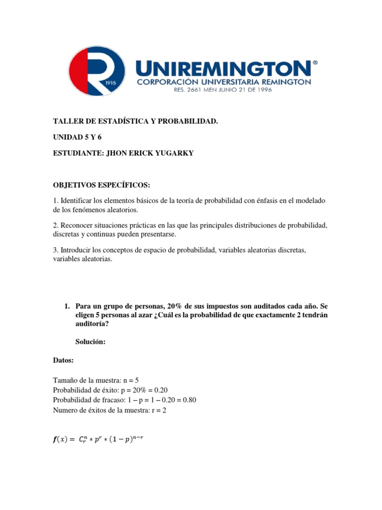 Taller Unidad 5 y 6 Distribucion Binomial | PDF | Teoría de probabilidad | Distribución normal