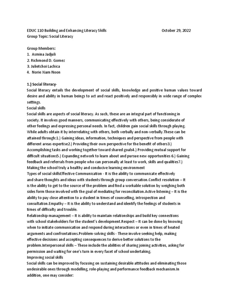 Enhancing Social Literacy Skills Guide | PDF | Emotional Intelligence ...