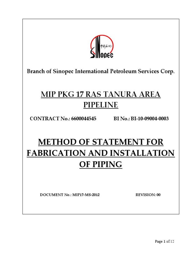 Piping Fabrication Method Statement | PDF | Welding | Construction