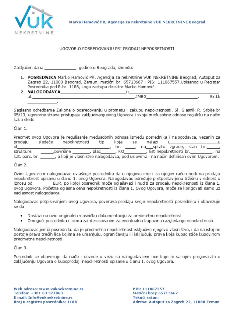 Ugovor o Posredovanju Prodavac | PDF