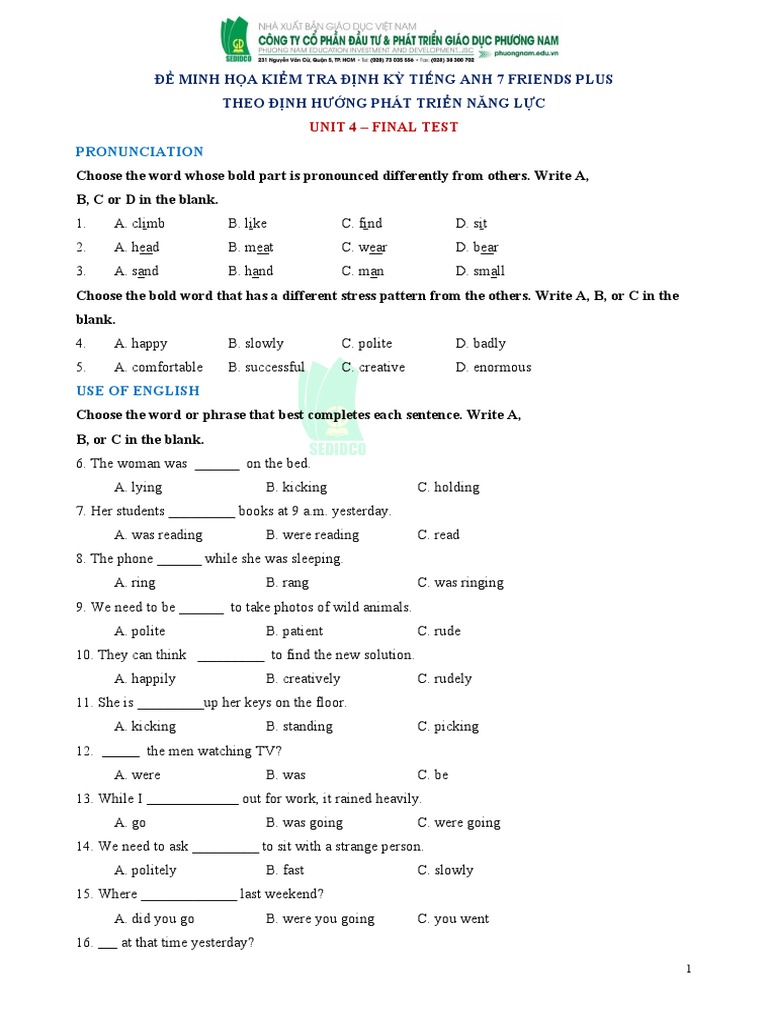 Tiếng anh 7 Friends Plus - Unit 4 - Final Test | PDF | Photograph