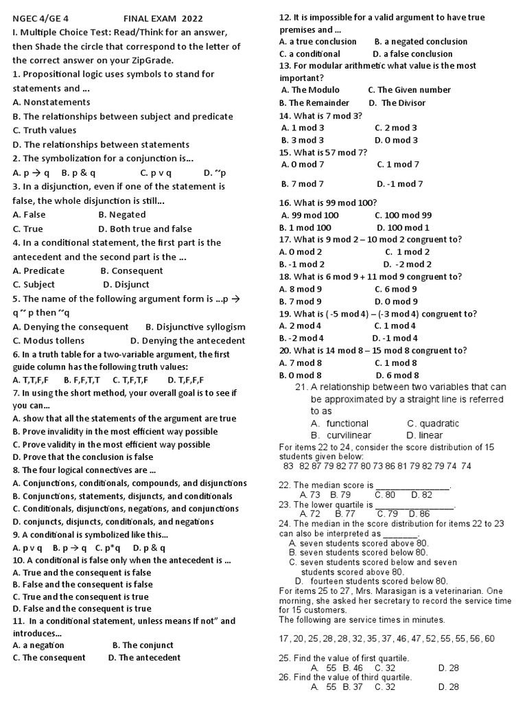 Final Exam NGEC 4 2021 | PDF | Mathematical Logic | Mathematics