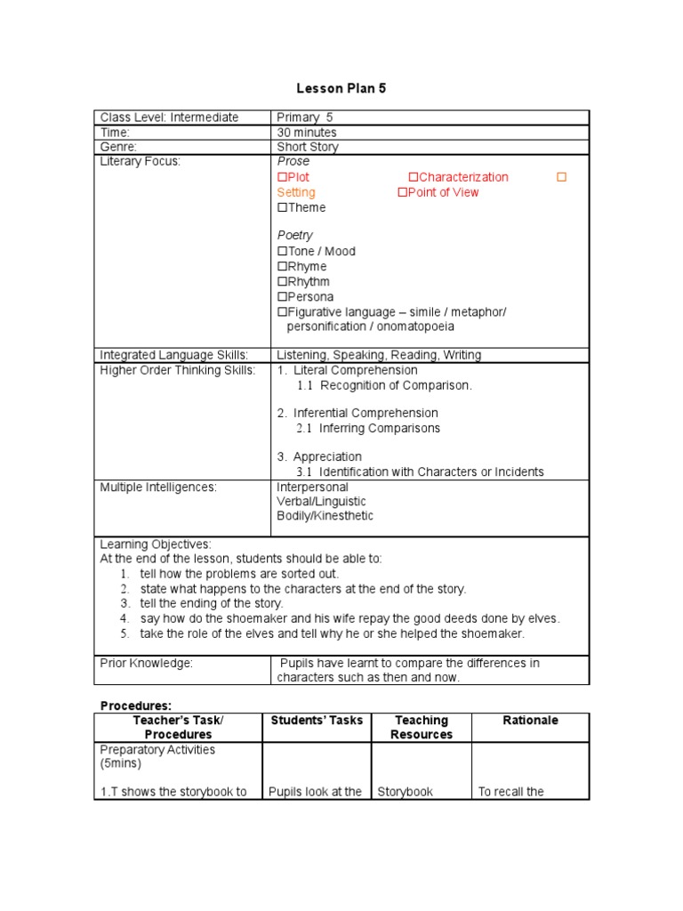 Lesson Plan 5: Prose | PDF | Reading Comprehension | Education Theory