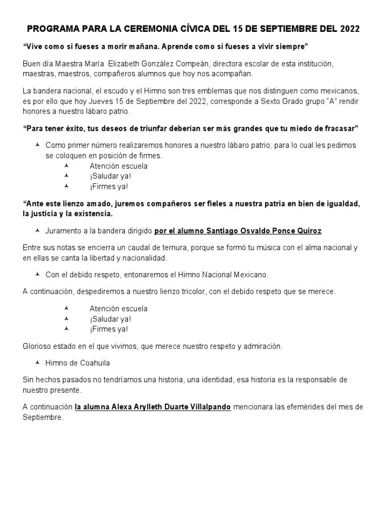 PROGRAMA PARA LA CEREMONIA CÍVICA DEL 15 DE SEPTIEMBRE DEL 2022 Final | PDF | Ciencias sociales