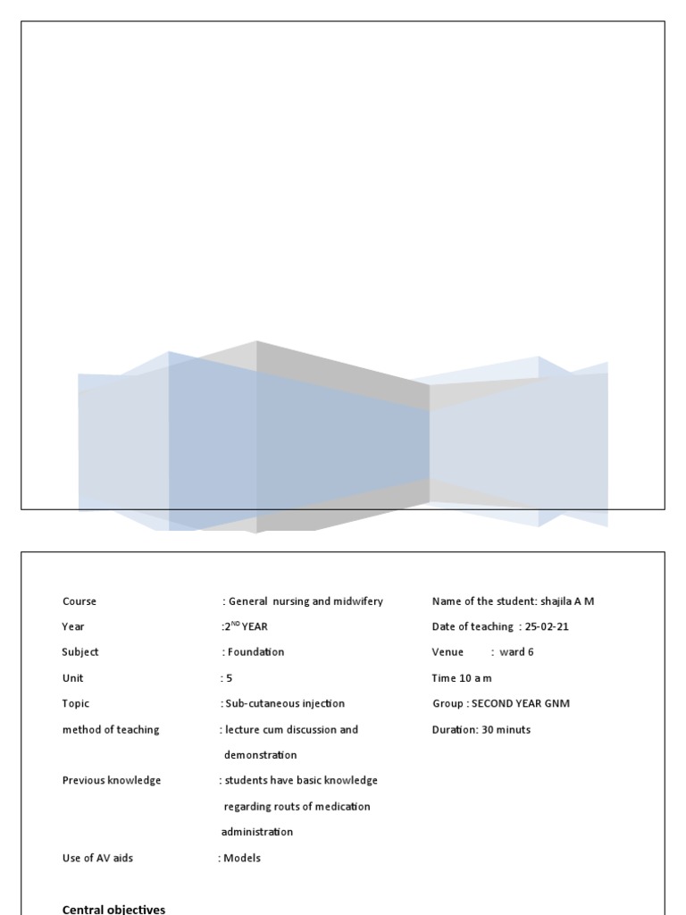 Education Sub Cutaneous Injection Lesson Plan | PDF | Injection ...