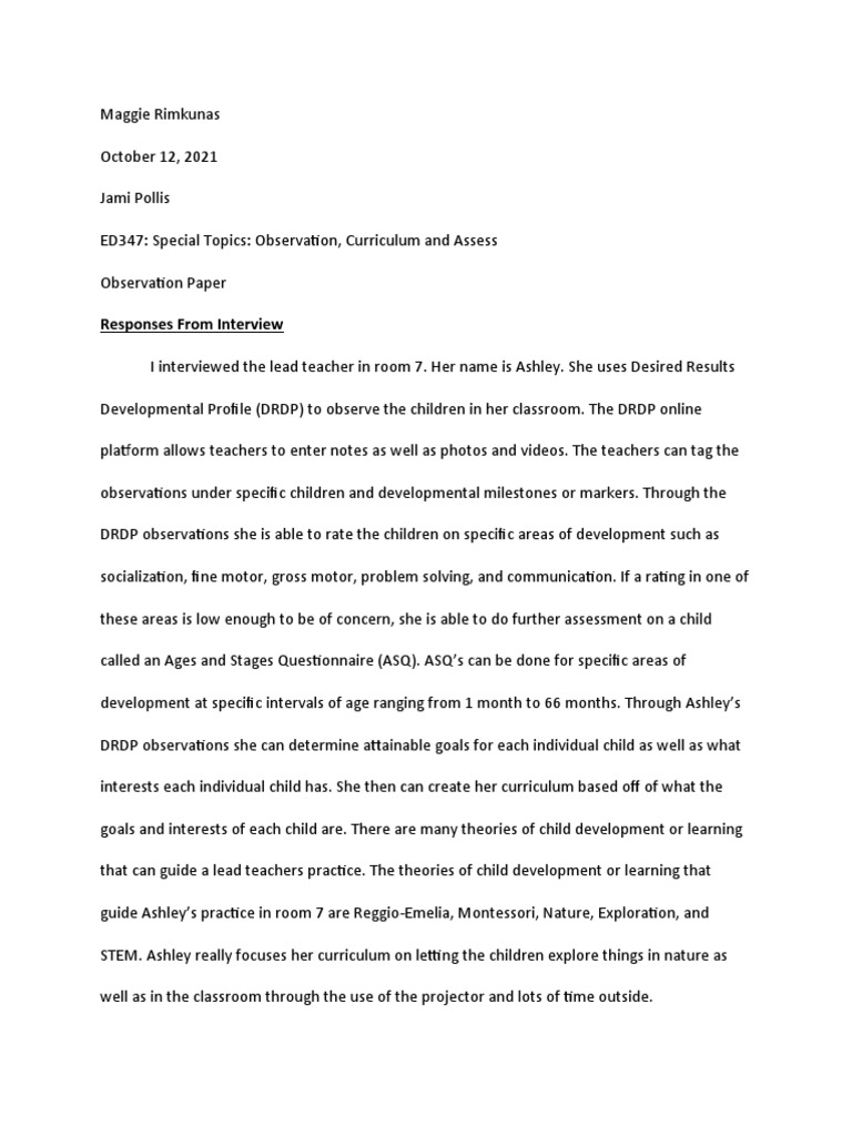 Observation Paper | PDF | Child Development | Classroom