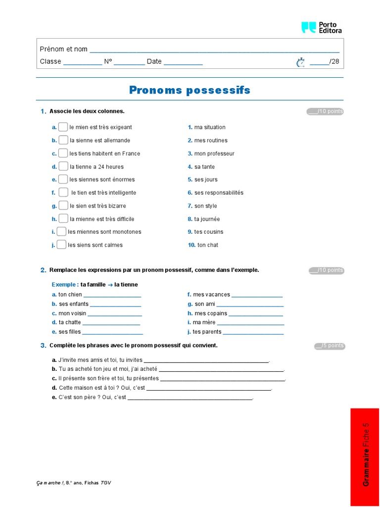 Exercices sur les pronoms possessifs | PDF | Arts du langage et ...