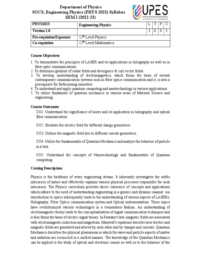Course Plan Phys1023 Sem I (2022 23) All Socs Branches | PDF | Quantum Mechanics | Physics