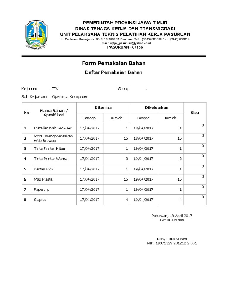 Form Pemakaian Bahan | PDF