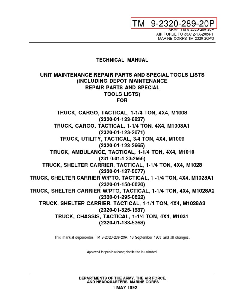 Army TM 9-2320-289-20P Air Force To 36a12-1a-2084-1 Marine Corps TM ...