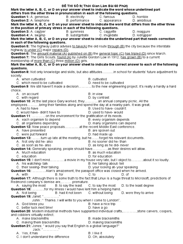 English Language Exam with Multiple Choice and Passage Comprehension ...