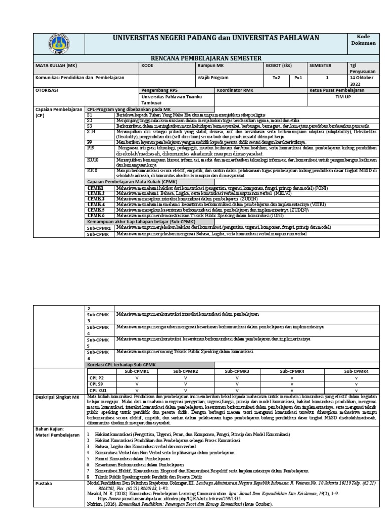 Rps Komunikasi Pendidikan Dan Pembelajaran | PDF | Karier & Perkembangan | Seni