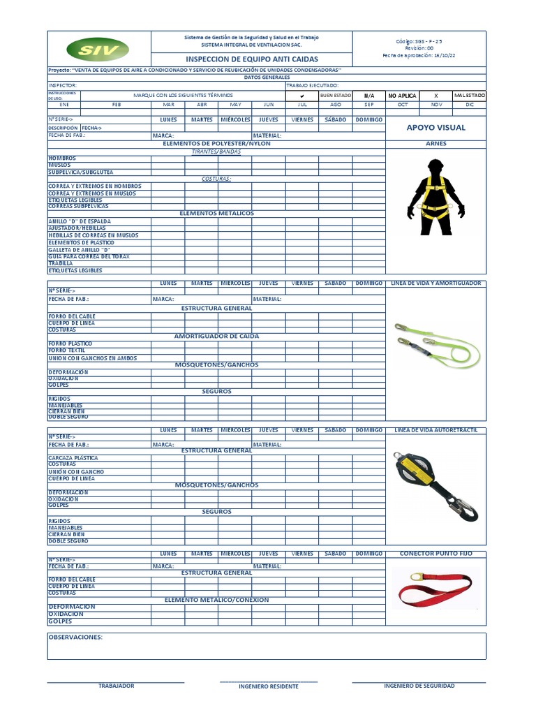 Inspeccion de Equipo Anticaidas - Check List de Pre Uso | PDF