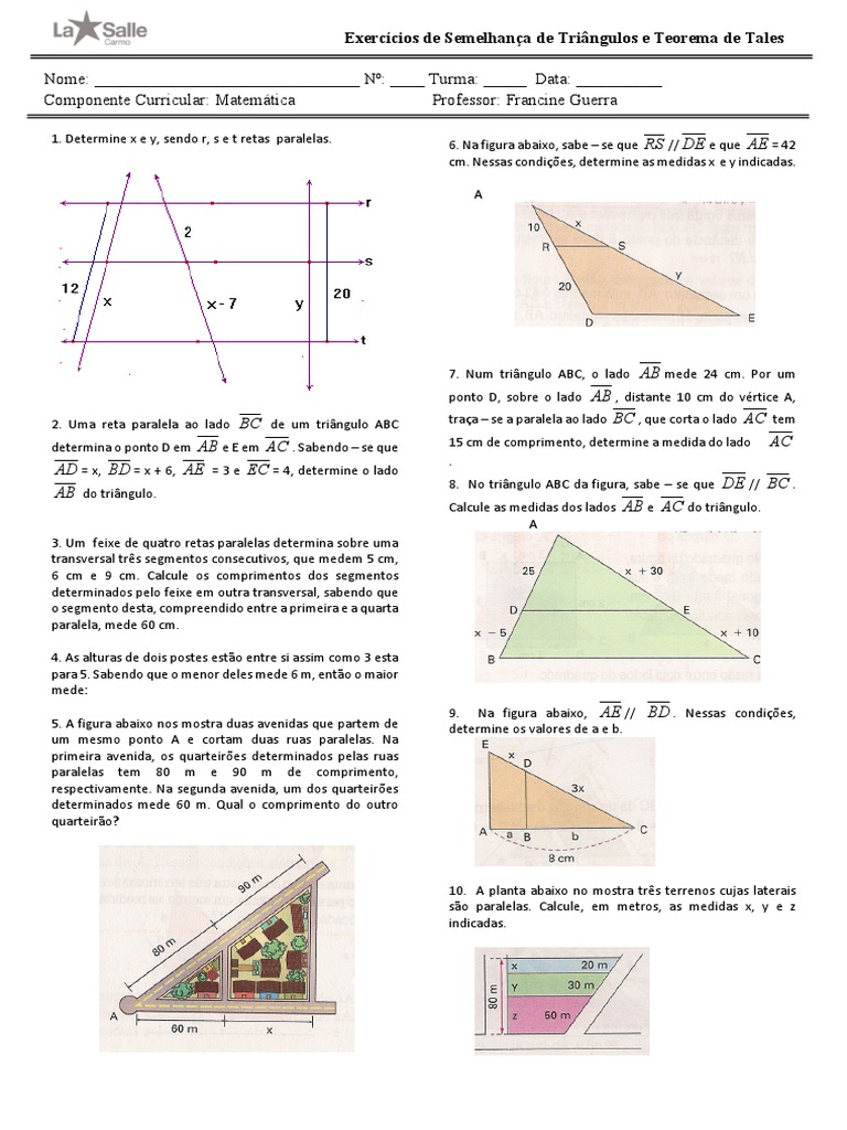 Exercícios sobre semelhança de triângulos e teorema de Tales | PDF ...