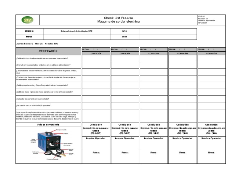 Inspeccion Maquina de Soldar - Check List de Pre Uso | PDF | Soldadura ...