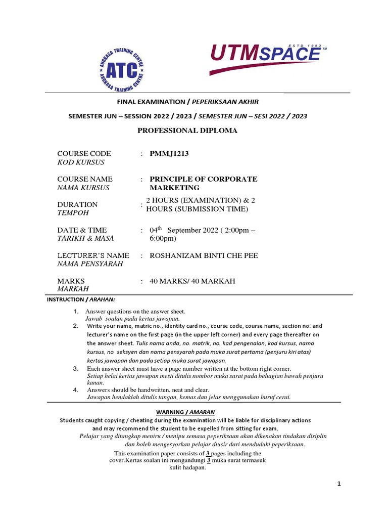 UTM Professional Diploma Exam Guidelines | PDF | Brand | Marketing