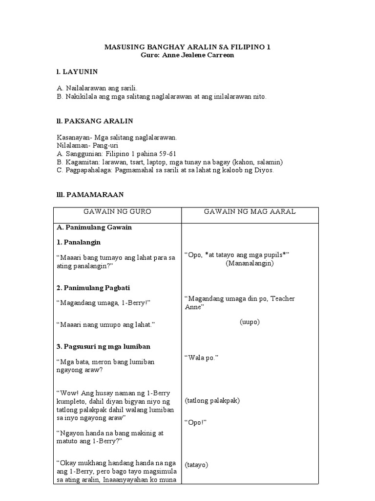 Masusing Banghay Aralin Sa Filipino 1. Lp... | PDF