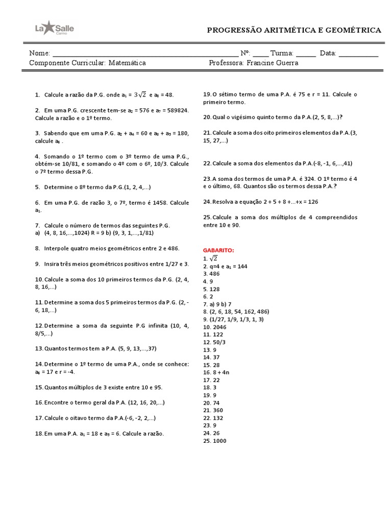 3 - Exercícios de PA e PG | Download grátis PDF | Matemática