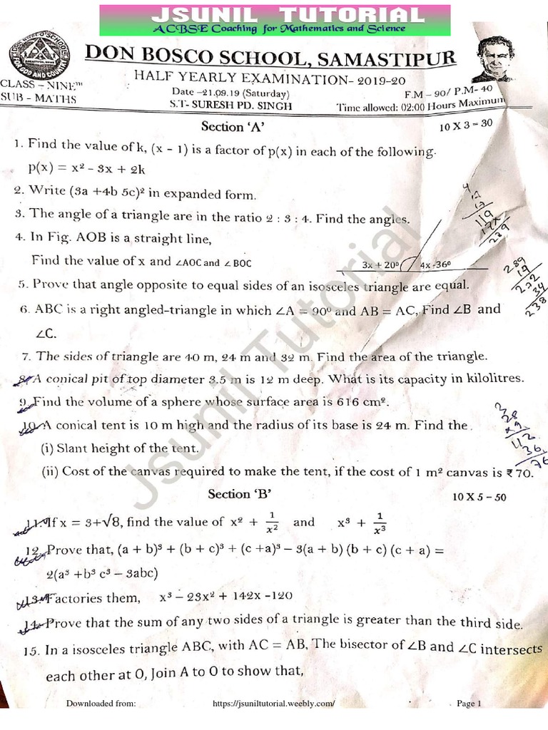 9th Maths Mid Term Question Paper Dbs 2019-20 | PDF