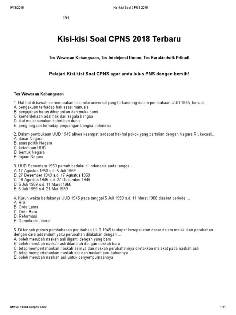 Kisi-Kisi Soal CPNS 2018 | PDF