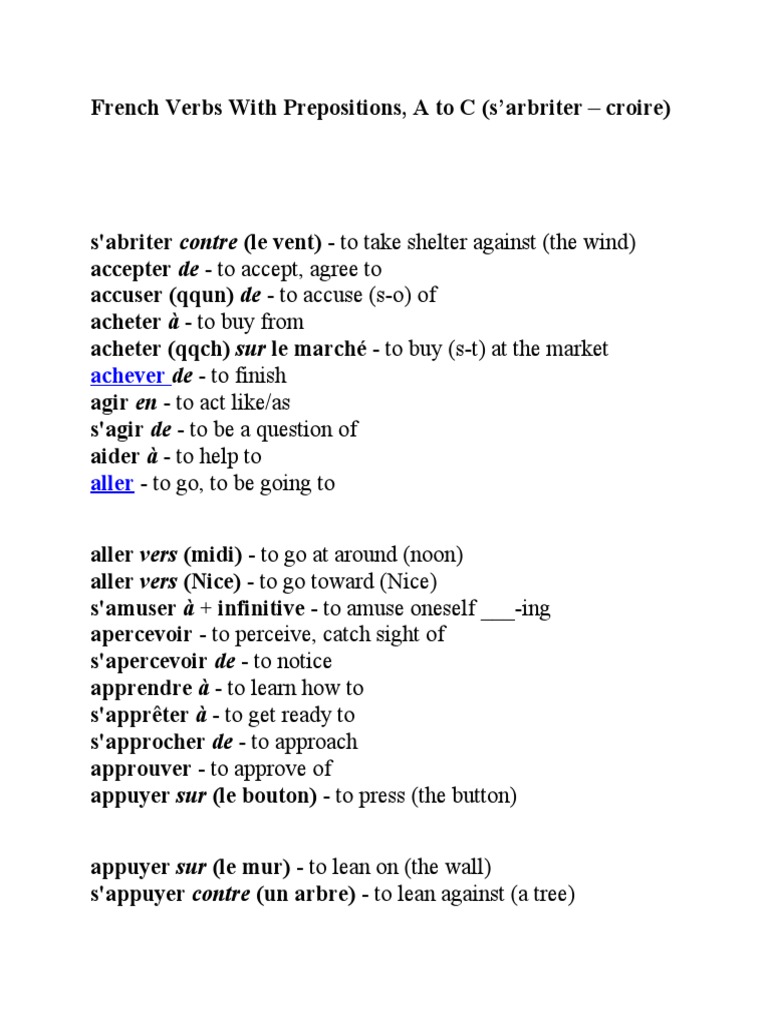 French Verbs with Prepositions A-C | PDF | Semantic Units | Linguistic ...