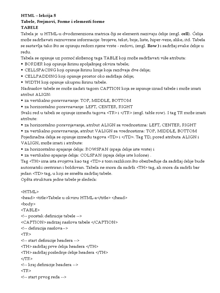 HTML - Tabele, Frejmovi I Forme - Lekcija 5 | PDF