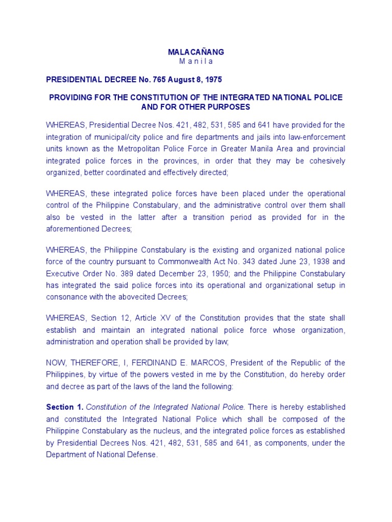 (1975) PD No. 765 - Integrated National Police (INP) | PDF | Public ...
