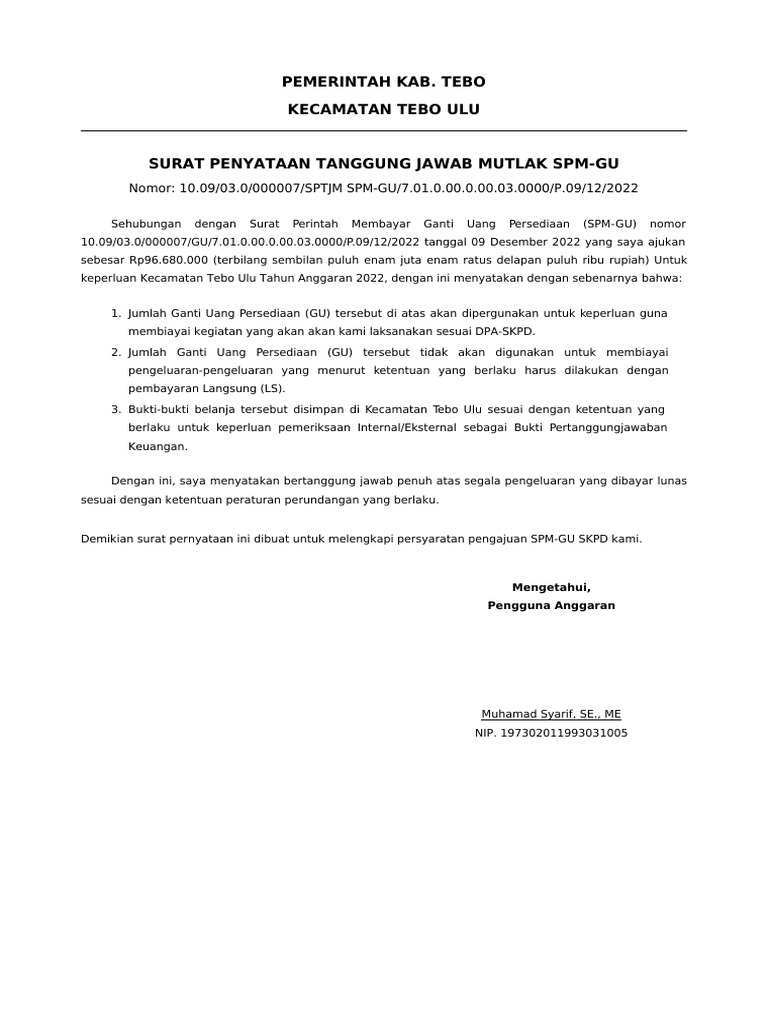 Pernyataan Pengajuan SPM-GU SIPD | PDF