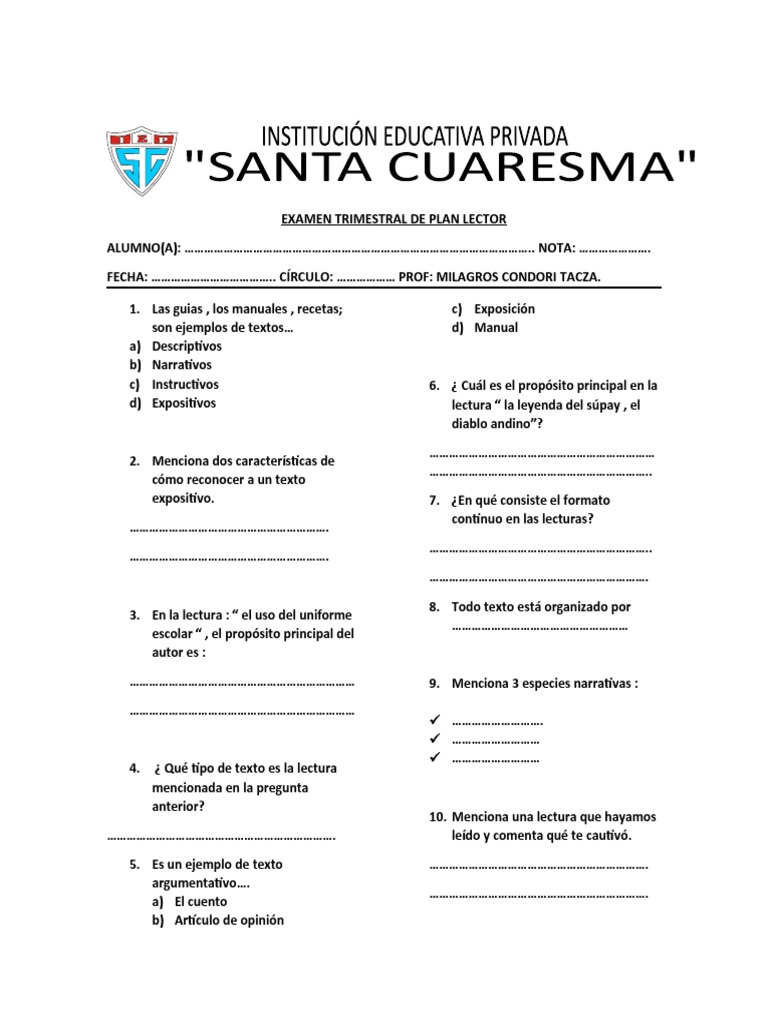 Examen Trimestral de Plan Lector Final 2do Sec | PDF