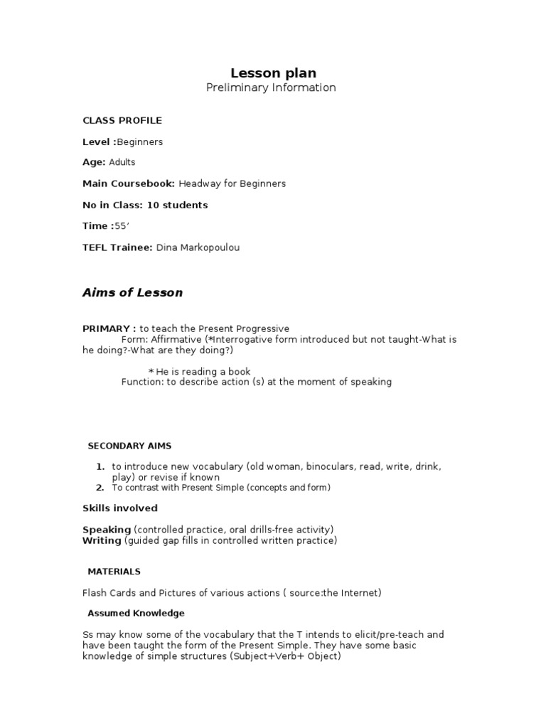 Present Progressive Lesson Plan | PDF | Lesson Plan | Vocabulary