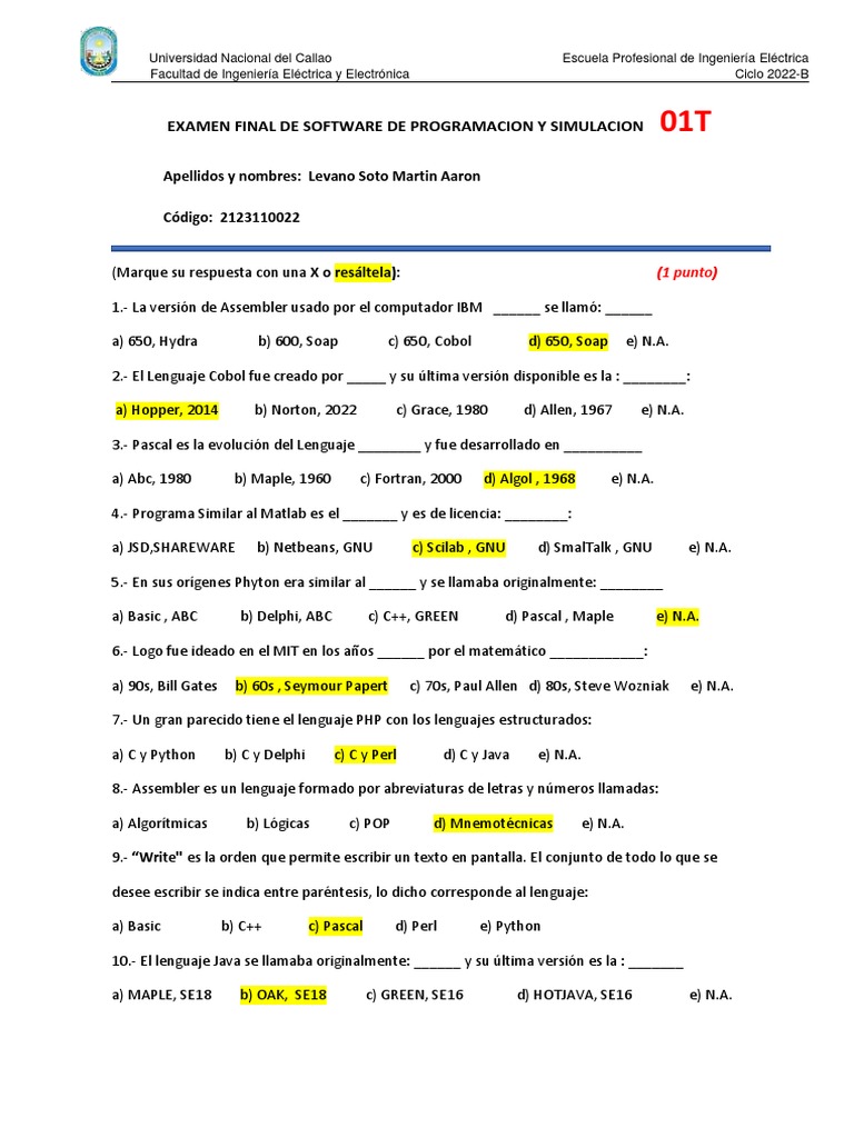 Examen Final de Software 01T 2022B | PDF | Lenguaje de programación | Java (lenguaje de ...
