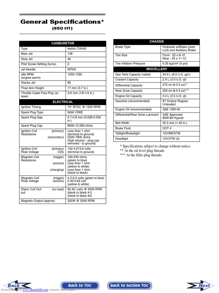2007 Arctic Cat 650 H1 Specifications | PDF | Ignition System ...
