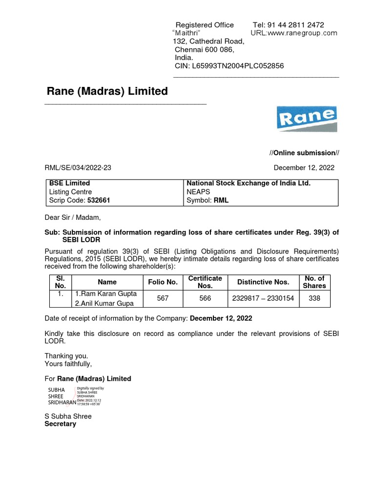 Rane (Madras) Limited | PDF | Finance & Money Management
