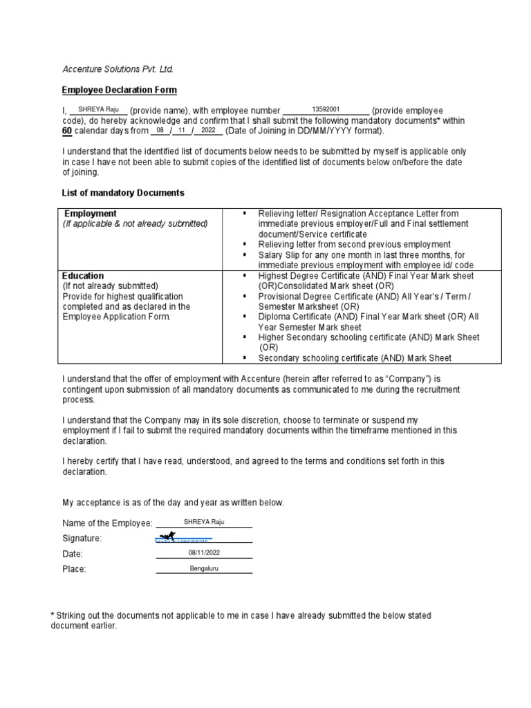 Declaration - Mandatory Documents Submission | PDF