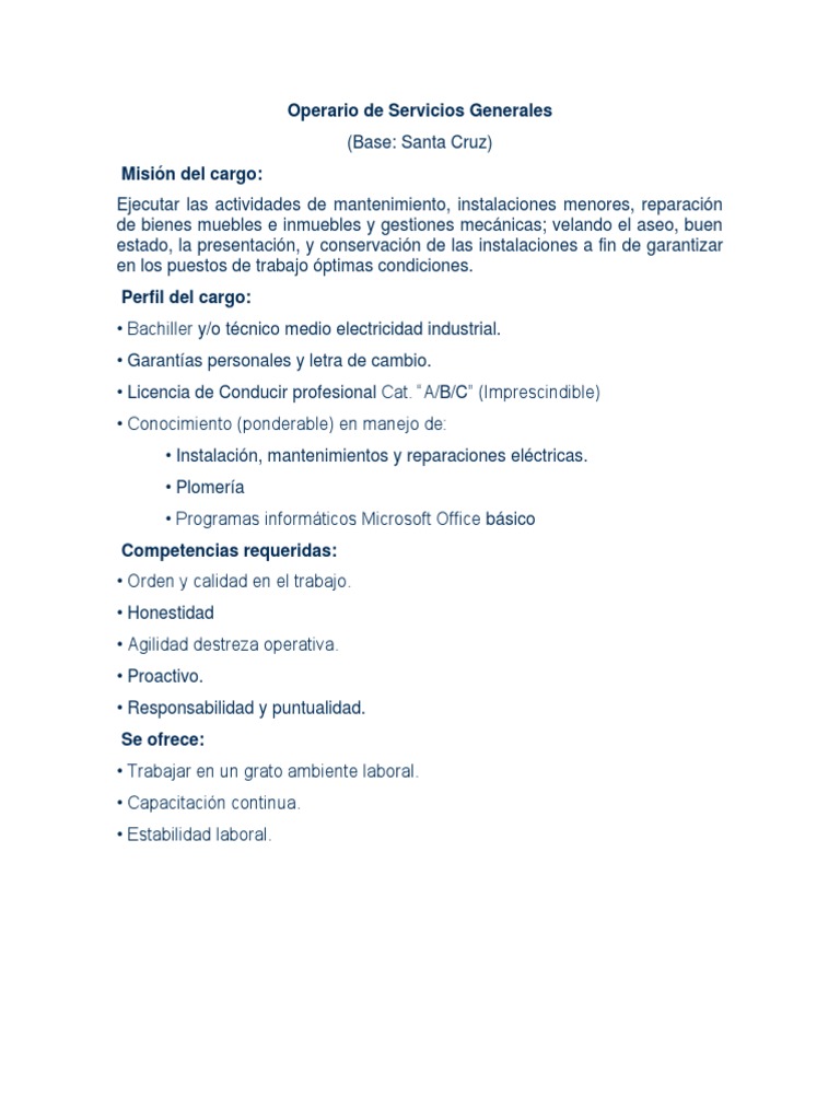 Perfil Operario de Servicios Generales | PDF