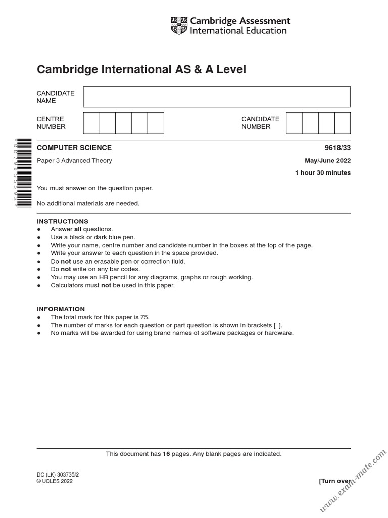 Cambridge International AS & A Level: Computer Science 9618/33 | PDF ...