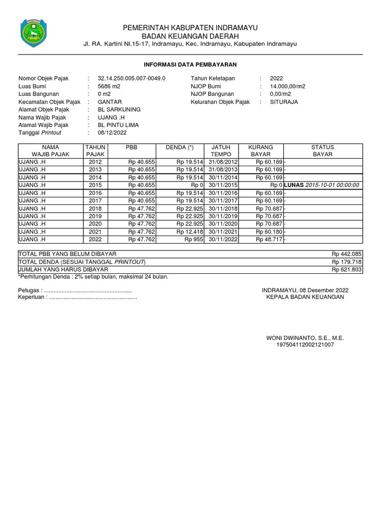 Ujang Cahya Data - Tagihan - PBB SHM Nomor 01790 | PDF