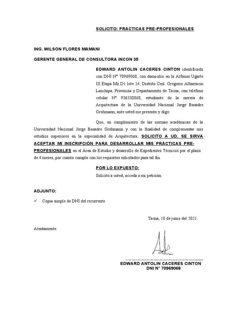 Solicitud de Practicas Pre Profesionales Final | PDF