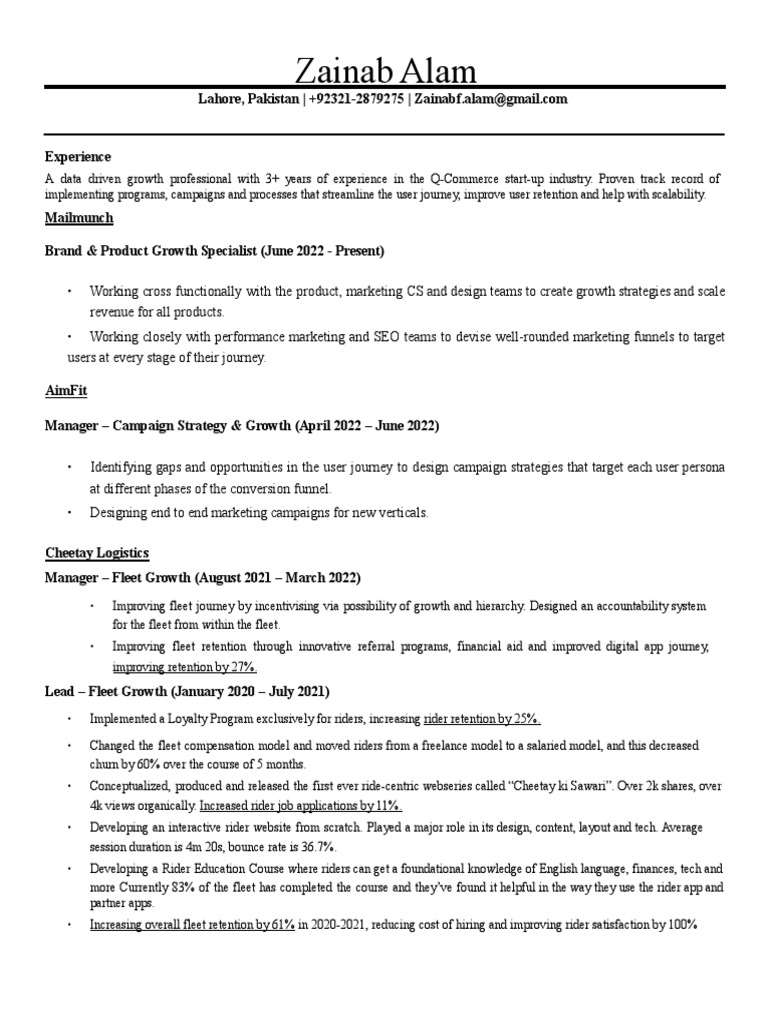 Zainab Alam Resume | PDF | Employee Retention | Marketing