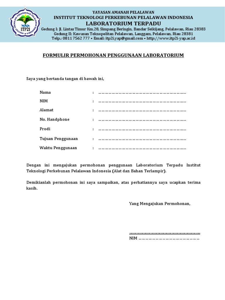 Formulir Izin Penggunaan Laboratorium | PDF