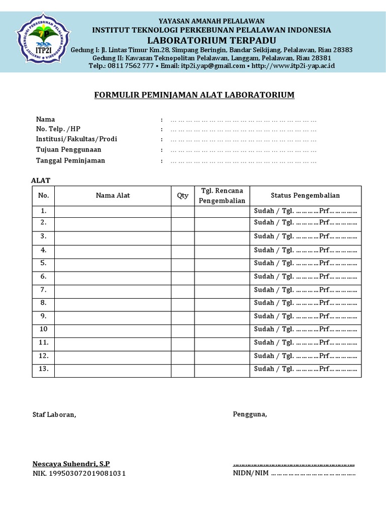Formulir Peminjaman Alat Laboratorium | PDF